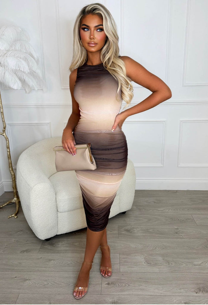 Mysterious Lover Brown Ombre Double Lined Stretch Ruched Midi Dress | Pink Boutique – Pink ...
