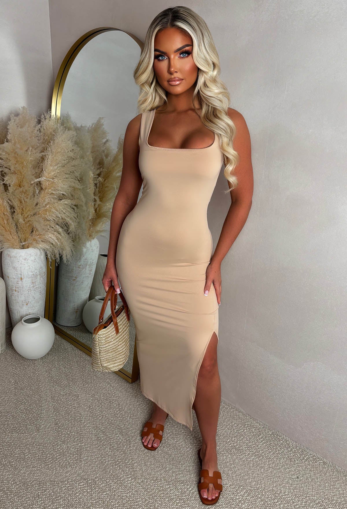 Basically Be Mine Mocha Square Neck Bodycon Dress | Pink Boutique