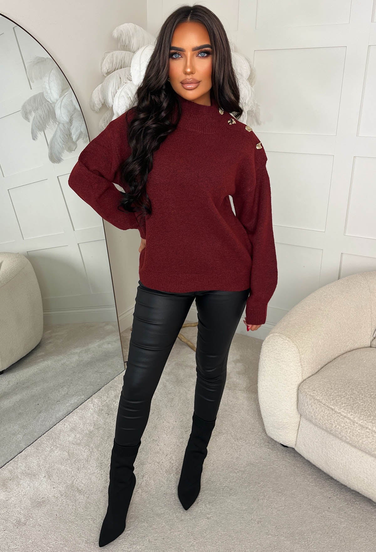 Luxe Chic Berry Gold Button Detail High Neck Jumper | Pink Boutique