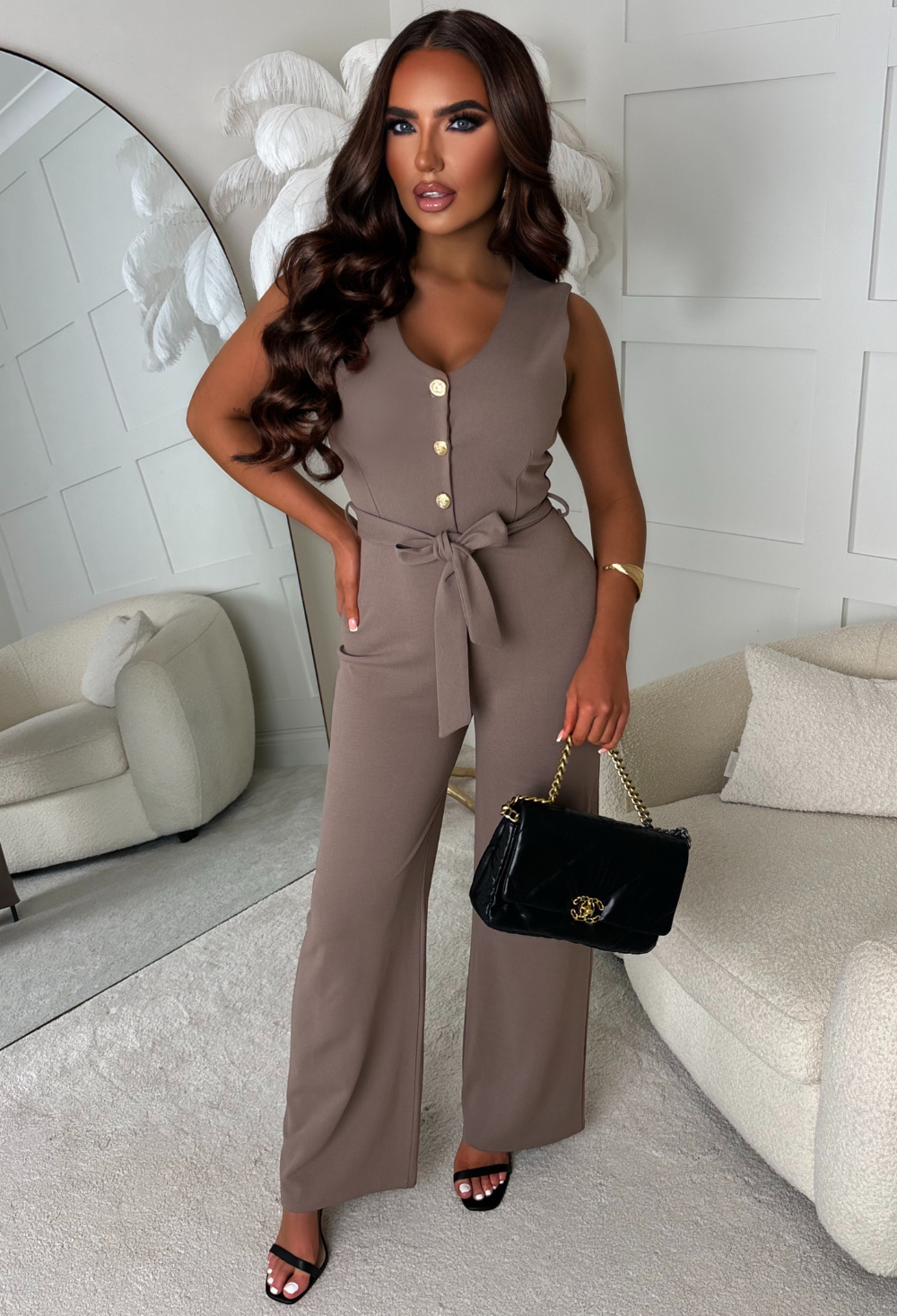 Jerry-Marie Taupe Waistcoat Jumpsuit | Pink Boutique