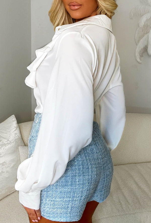 A New Direction White Ruffled Trim Flounce Sleeve Shirt | Pink Boutique ...