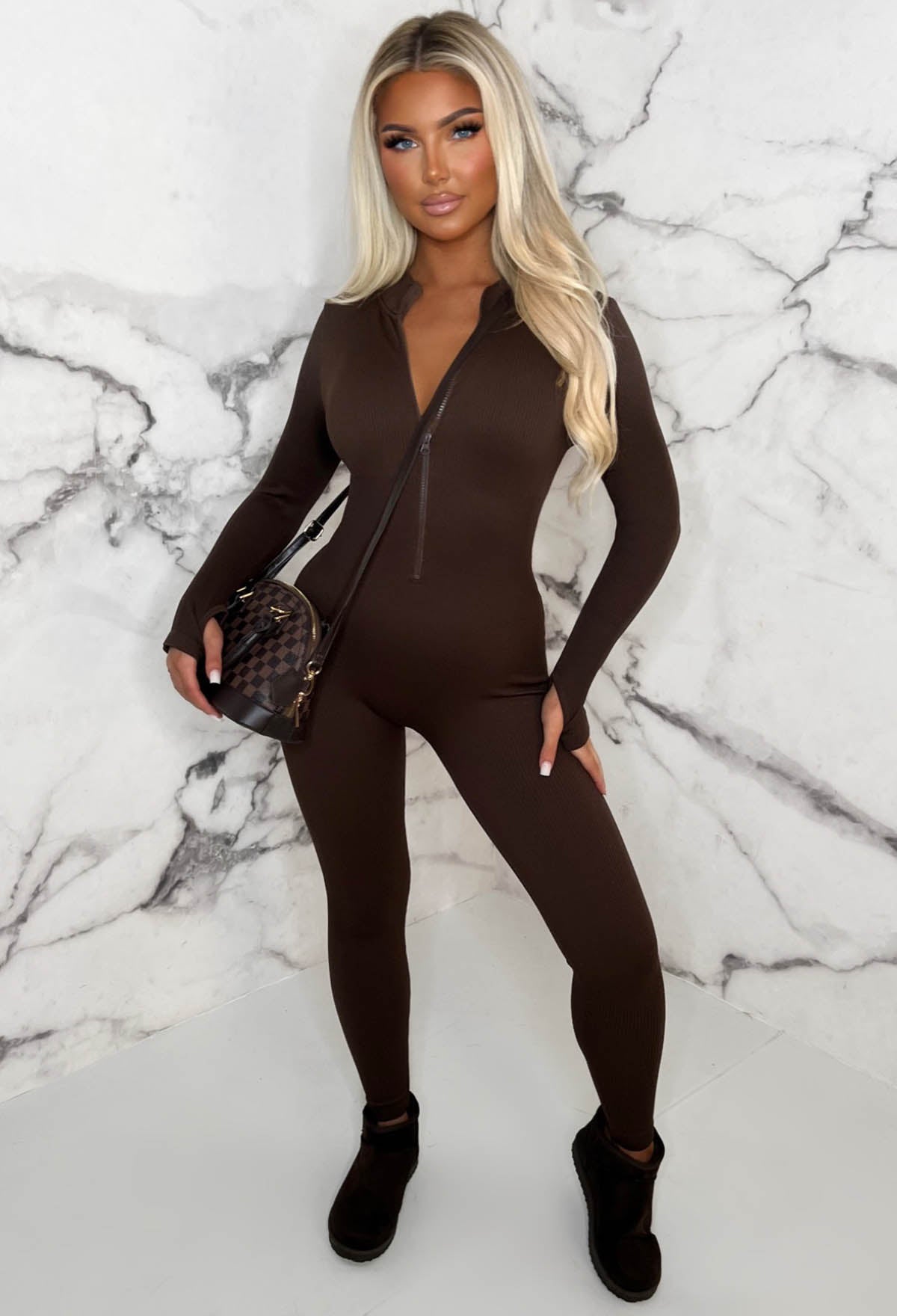 Zip Me Up Brown Long Sleeve Zip Up Unitard | Pink Boutique