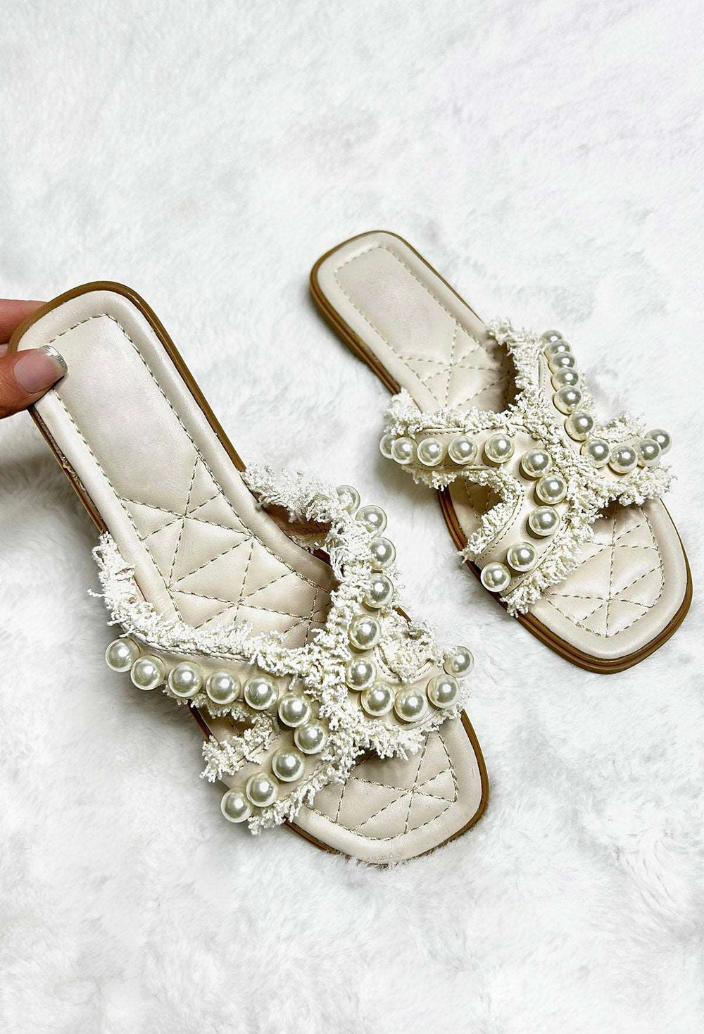 Beach Vacay Cream Pearl Embellished Sandals With Fringing Detail | Pink ...