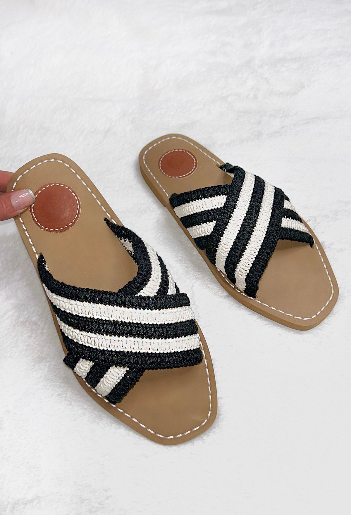 Luxury Vacay Black Stripe Cross Over Woven Strap Sandals | Pink Boutique