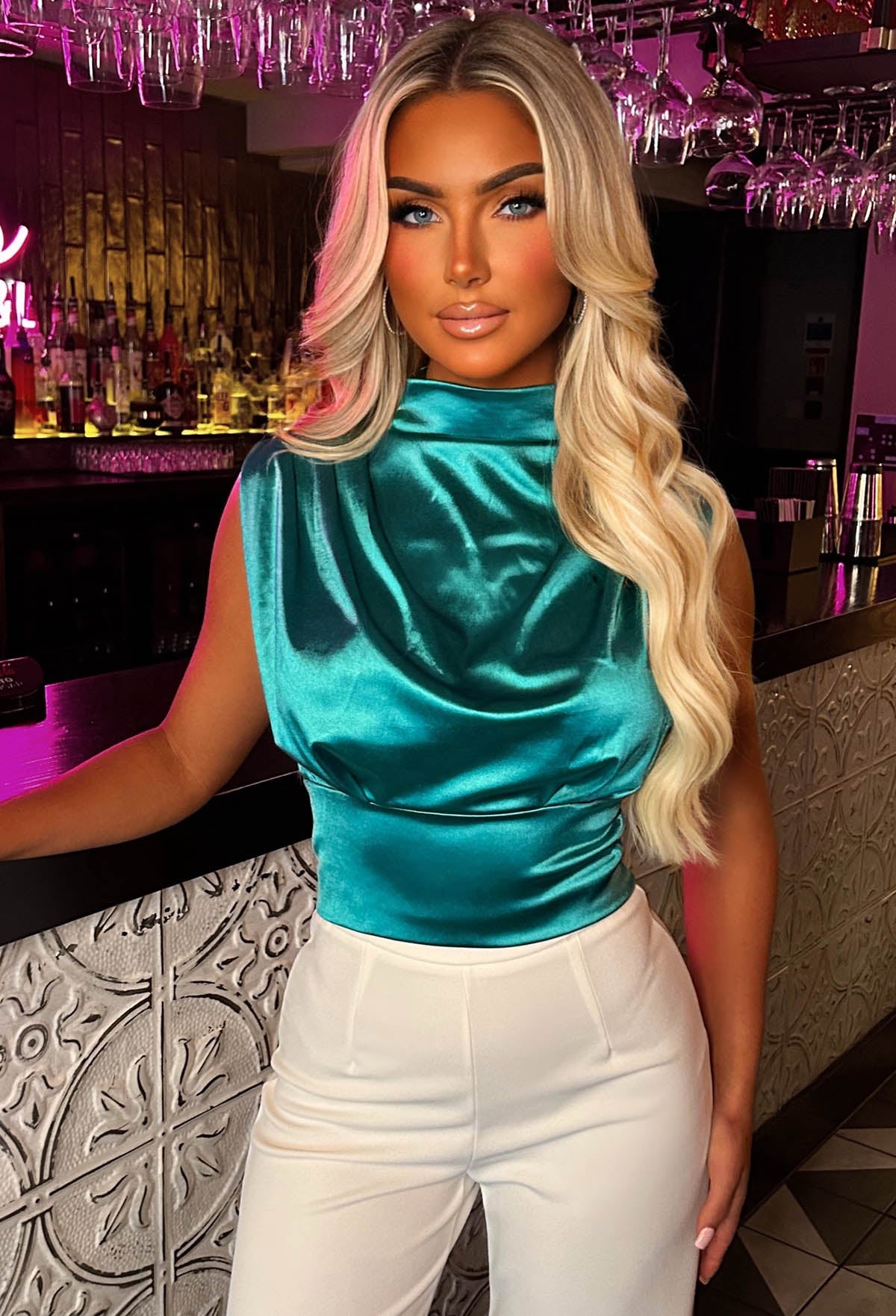 Dreamy Deluxe Teal Stretch Satin Ruched High Neck Top | Pink Boutique