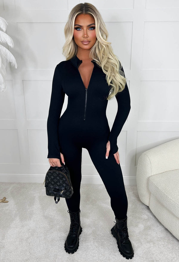 Zip Me Up Black Long Sleeve Zip Up Long Sleeve Unitard | Pink Boutique ...