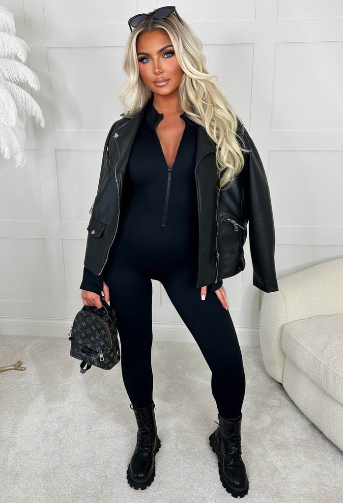 Zip Me Up Black Long Sleeve Zip Up Long Sleeve Unitard | Pink Boutique ...