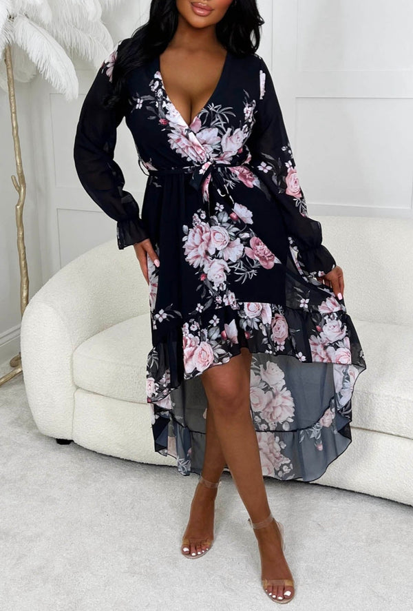 Romantic Feeling Black Chiffon Floral Waterfall Hem Maxi Dress | Pink ...