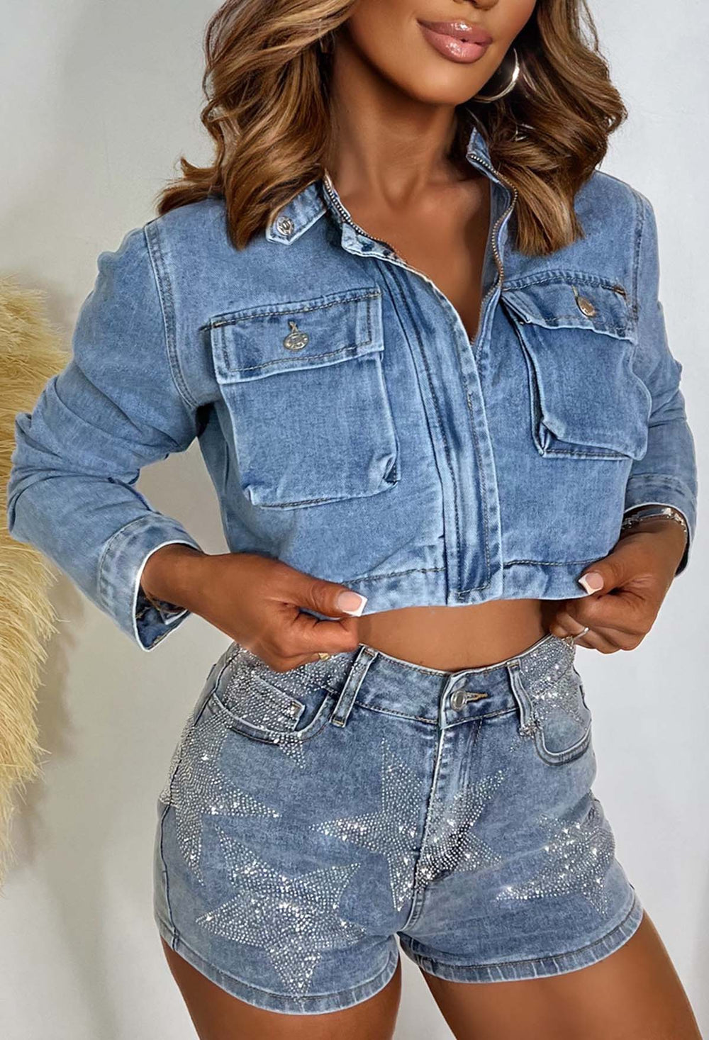 Divine Intervention Mid Blue Cargo Cropped Denim Jacket | Pink Boutique ...