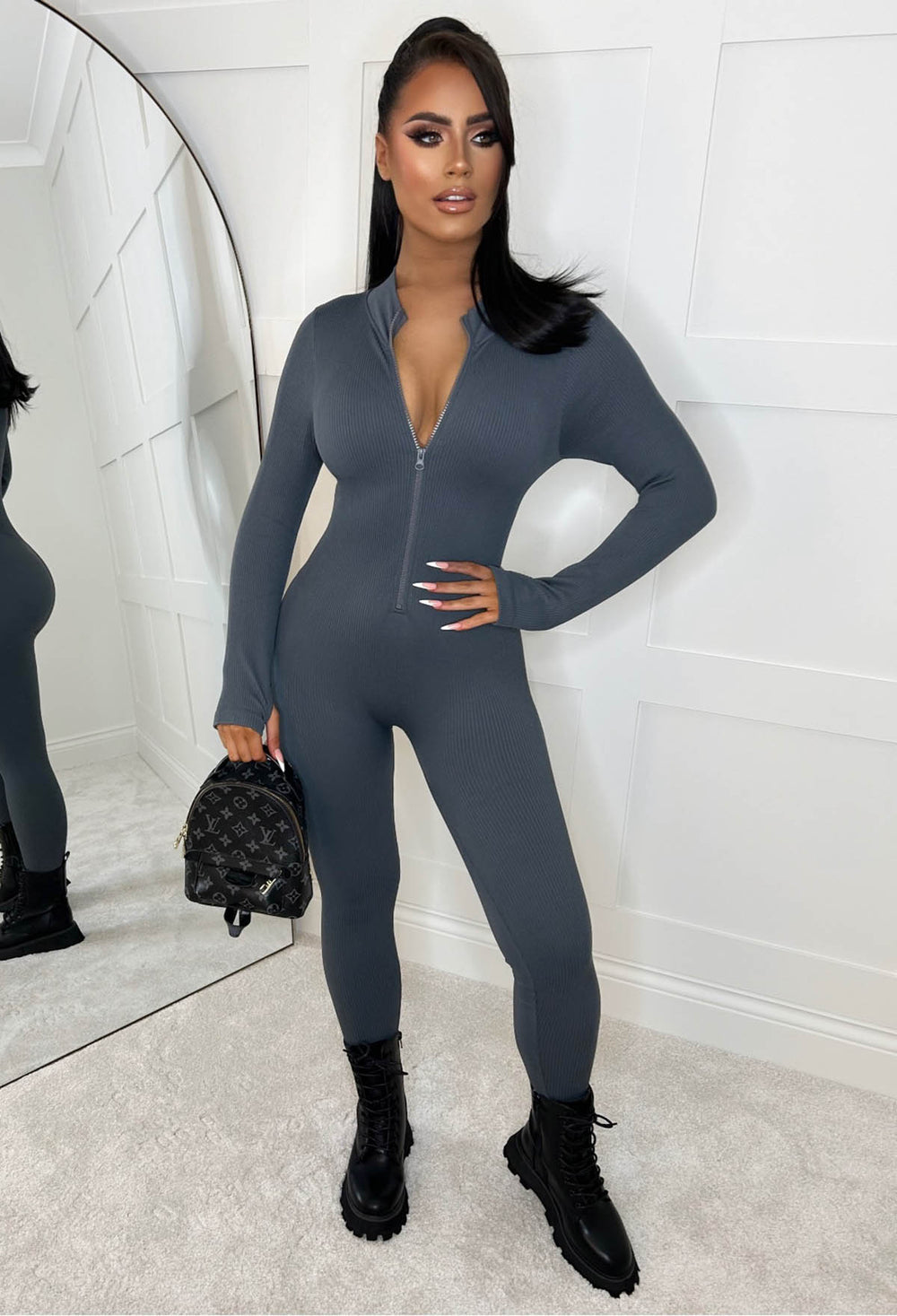 Zip Me Up Grey Long Sleeve Waist Cinching Zip Up Unitard | Pink ...