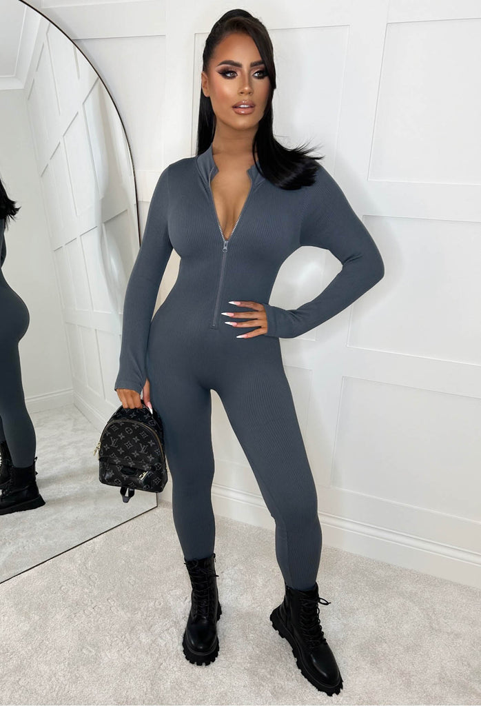 Zip Me Up Grey Long Sleeve Waist Cinching Zip Up Unitard Pink