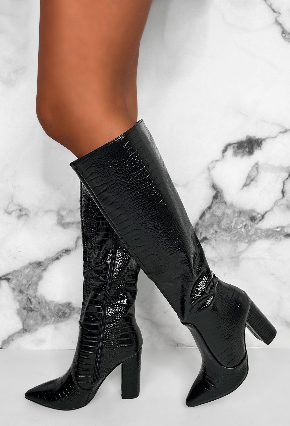 All You Want Black Croc Knee Boot With Block Heel | Pink Boutique