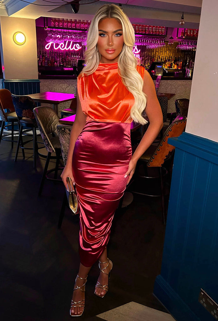 Desirable Luxe Hot Pink Colour Contrast Stretch Satin Ruched High Neck ...