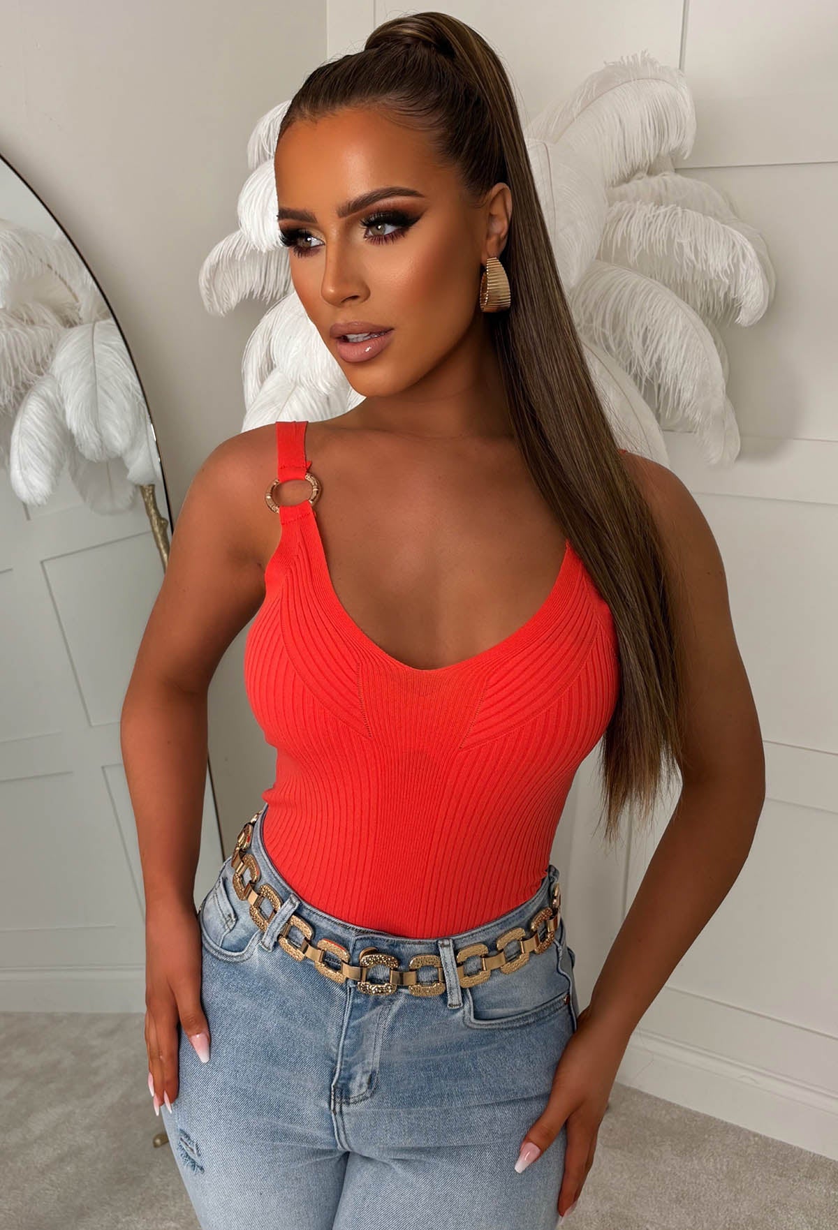 Bali Breeze Coral Gold Buckle Knitted Vest Top | Pink Boutique