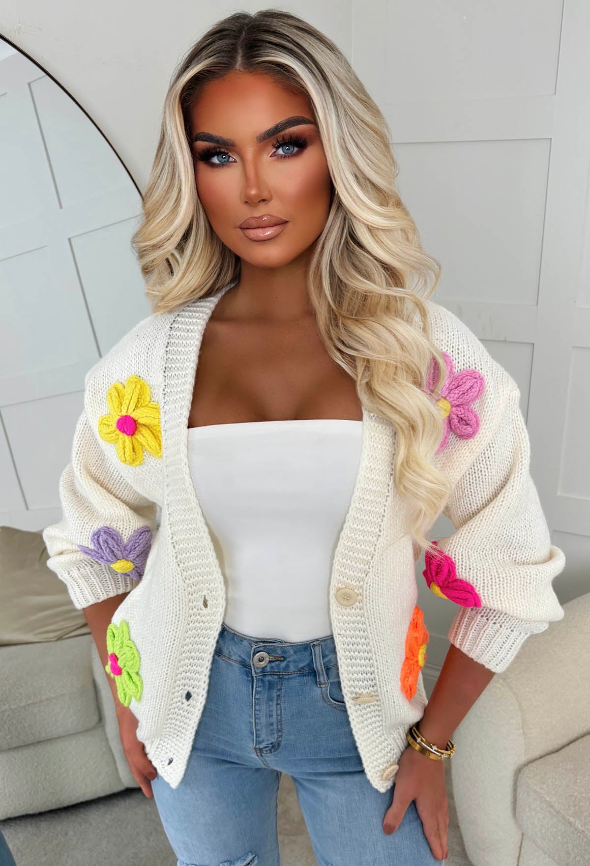 Beautiful Things Cream Flower Embroidered Cardigan | Pink Boutique