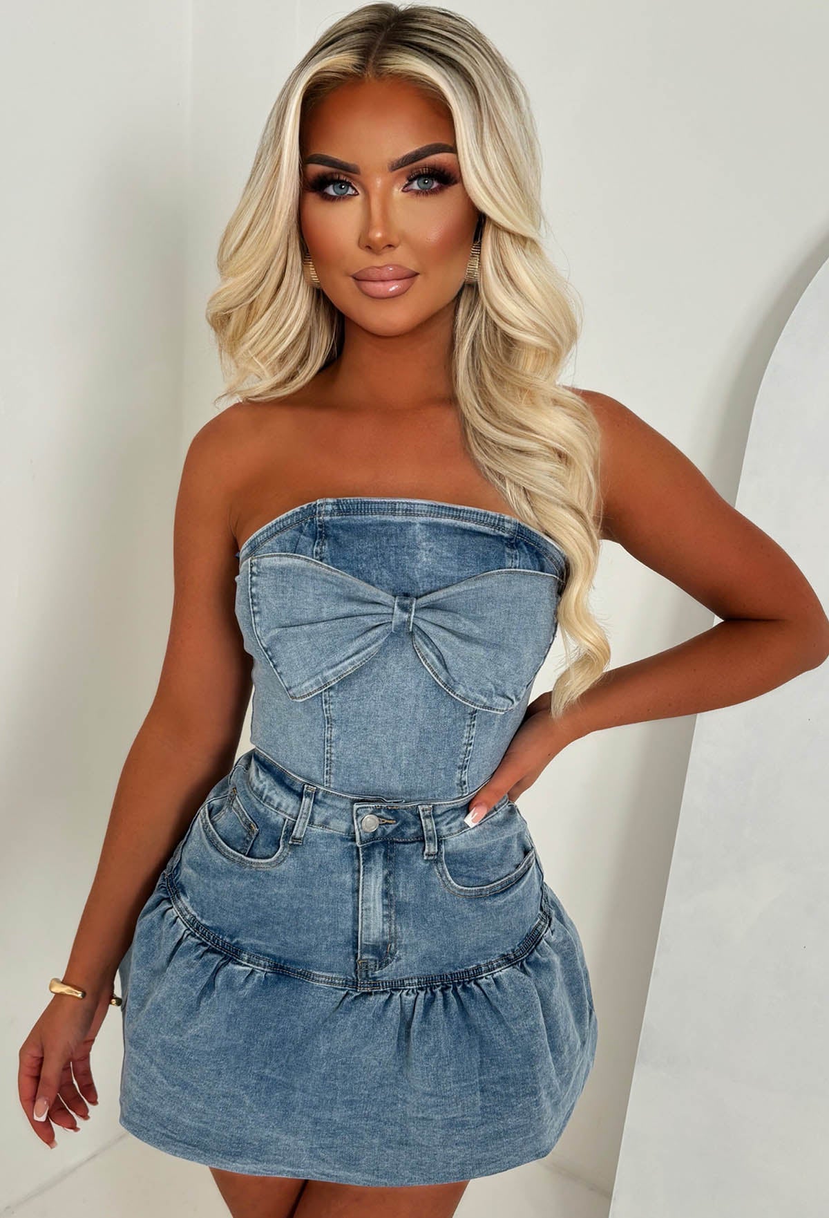 Bow Luxe Mid Wash Stretch Denim Bow Co-ord Set | Pink Boutique