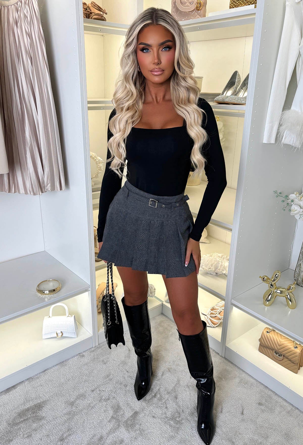 Cecile Grey Check Belted Pleated Skort | Pink Boutique