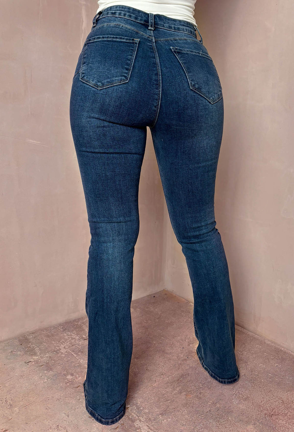 Christiane Mid Blue Stretch Push Up Flared Jeans | Pink Boutique – Pink ...