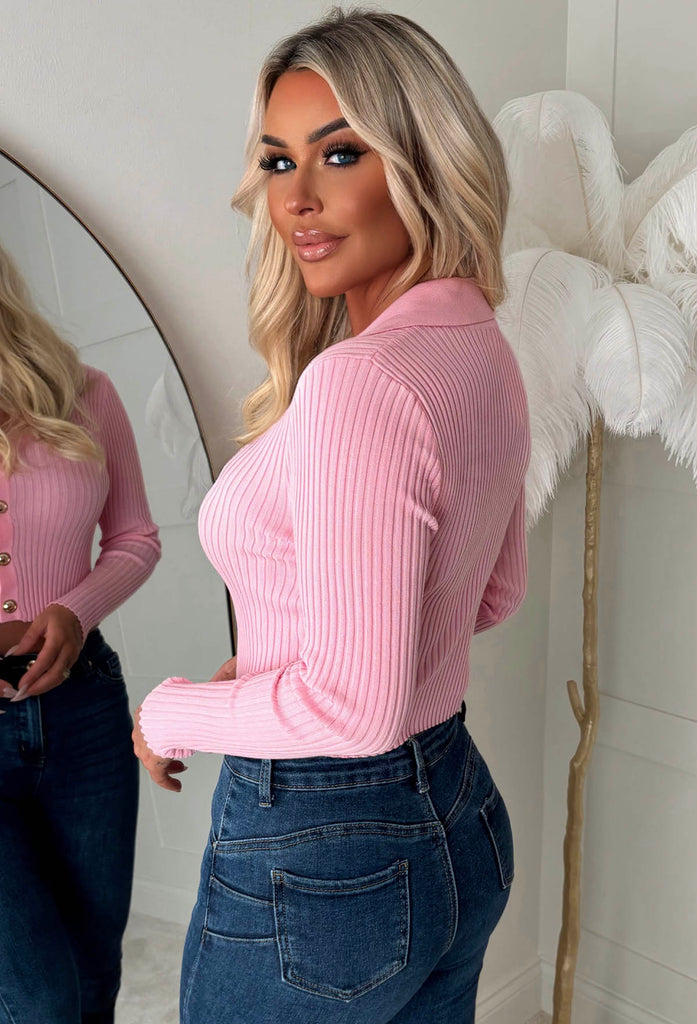 Classic Couture Baby Pink Rib Knit Button V-Neck Jumper | Pink Boutique ...
