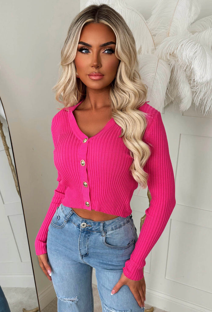 Classic Couture Hot Pink Rib Knit Press Buttons V-Neck Jumper | Pink ...