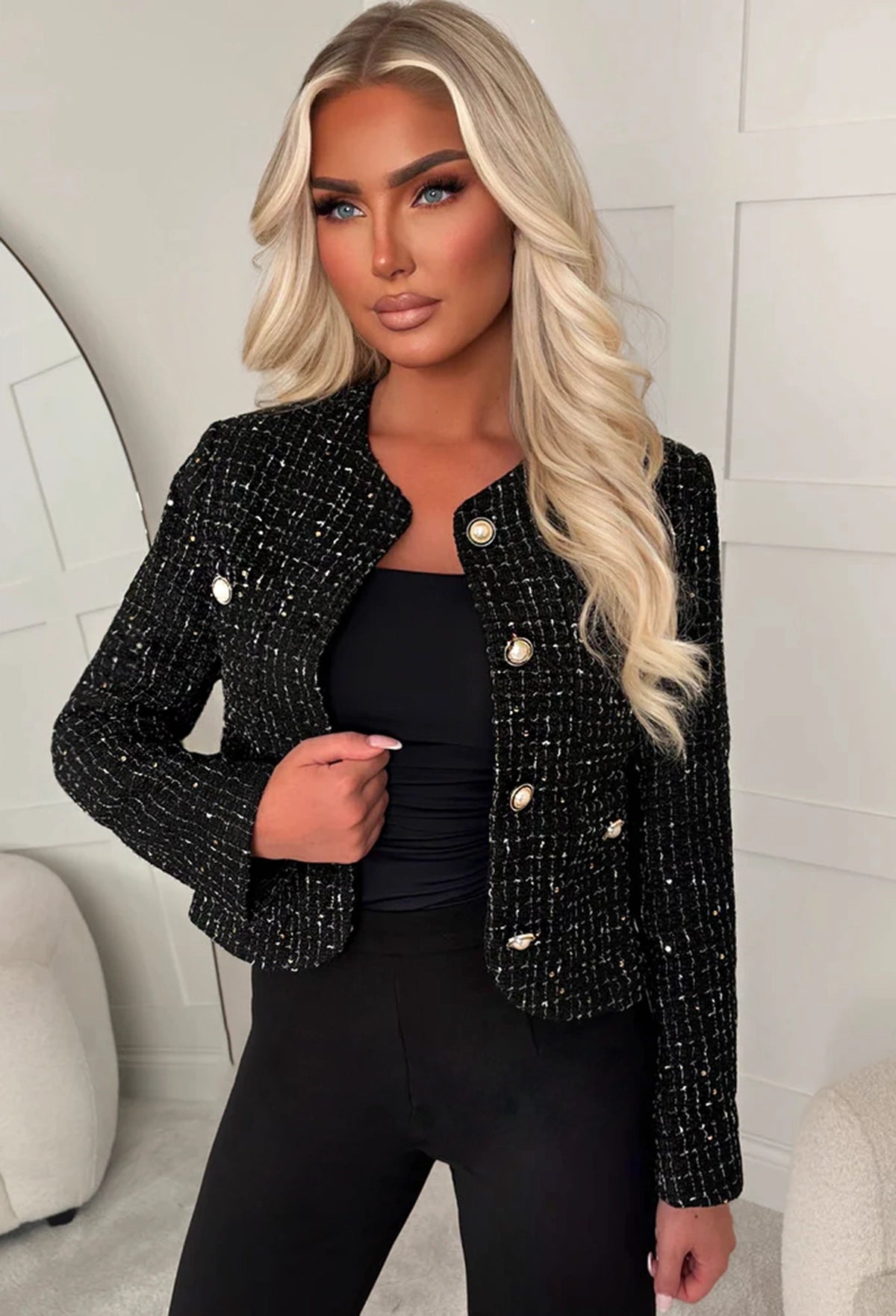 Coco Icon Black Tweed Gold Button Jacket | Pink Boutique