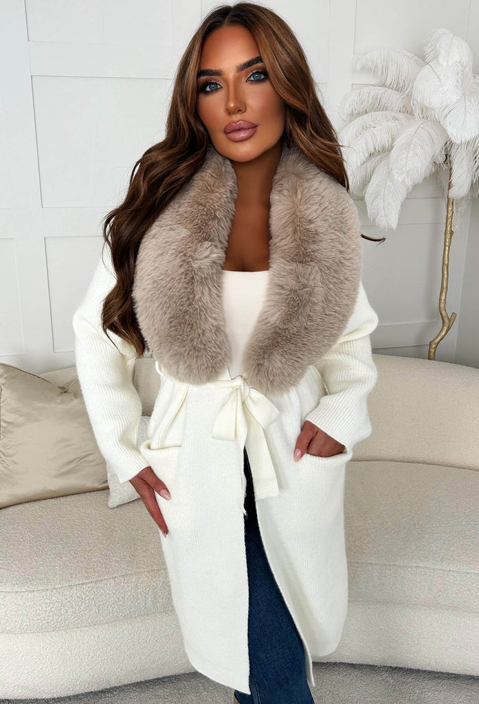 Cosy Opulence Cream Luxury Faux Fur Collar Cardigan | Pink Boutique ...