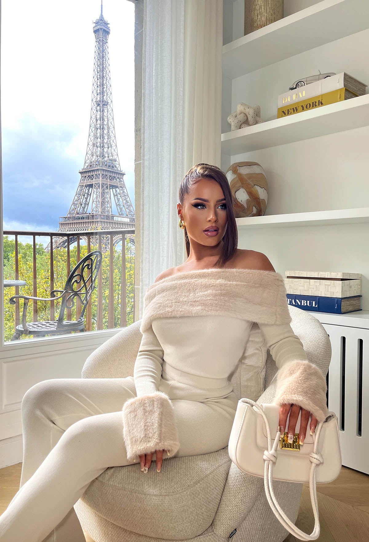 Cream Faux Fur Bardot Jumper Knitted Trousers Co-Ord | Pink Boutique