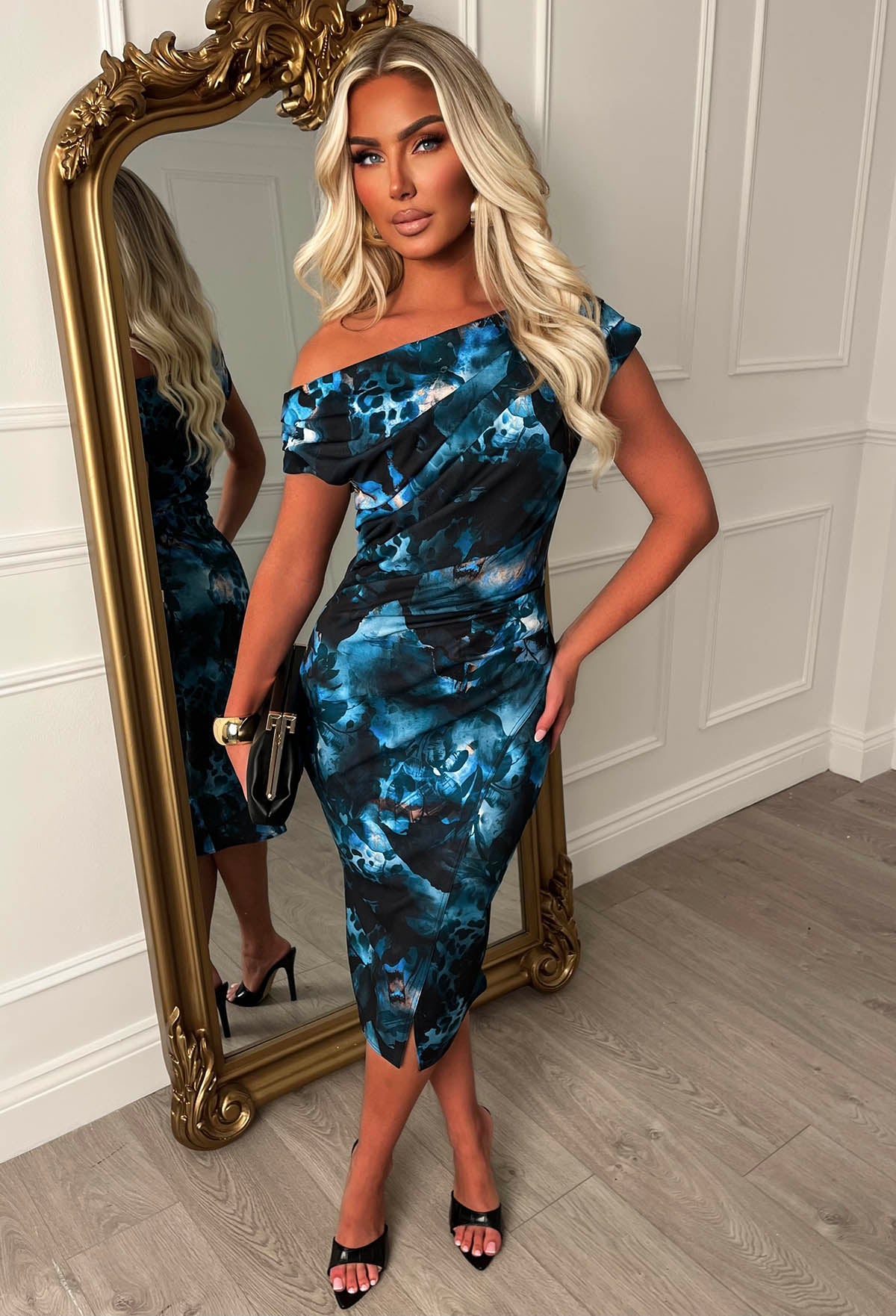 Dixie Chic Blue Floral Animal Print Ruched Midi Dress | Pink Boutique