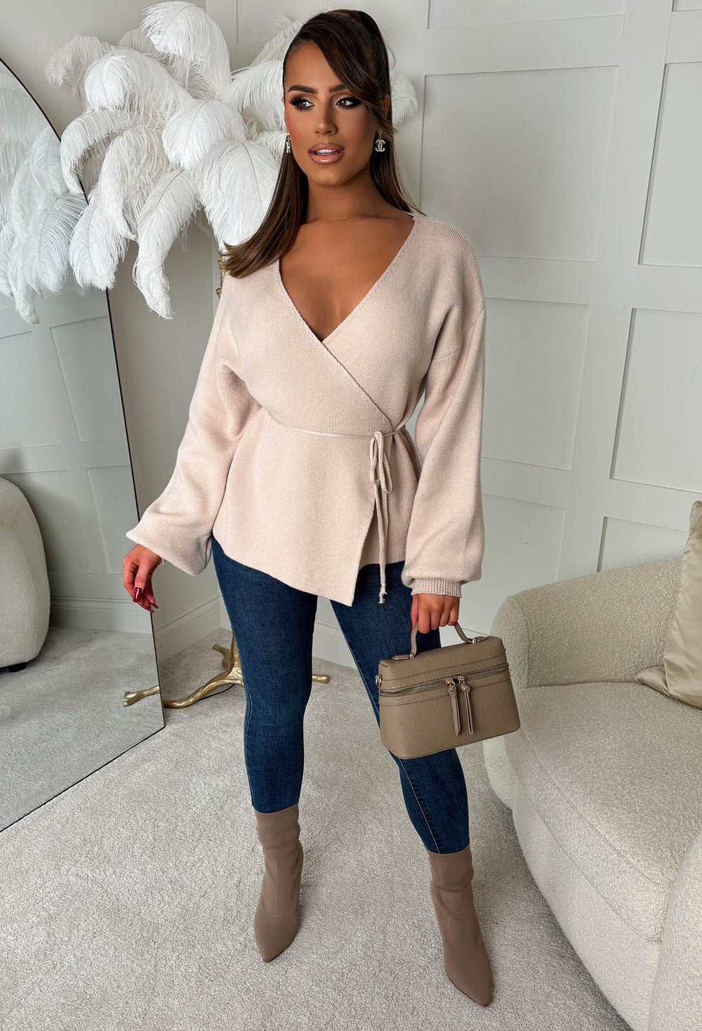 Ever Mine Beige Tie Waist Knitted Wrap Jumper | Pink Boutique – Pink ...