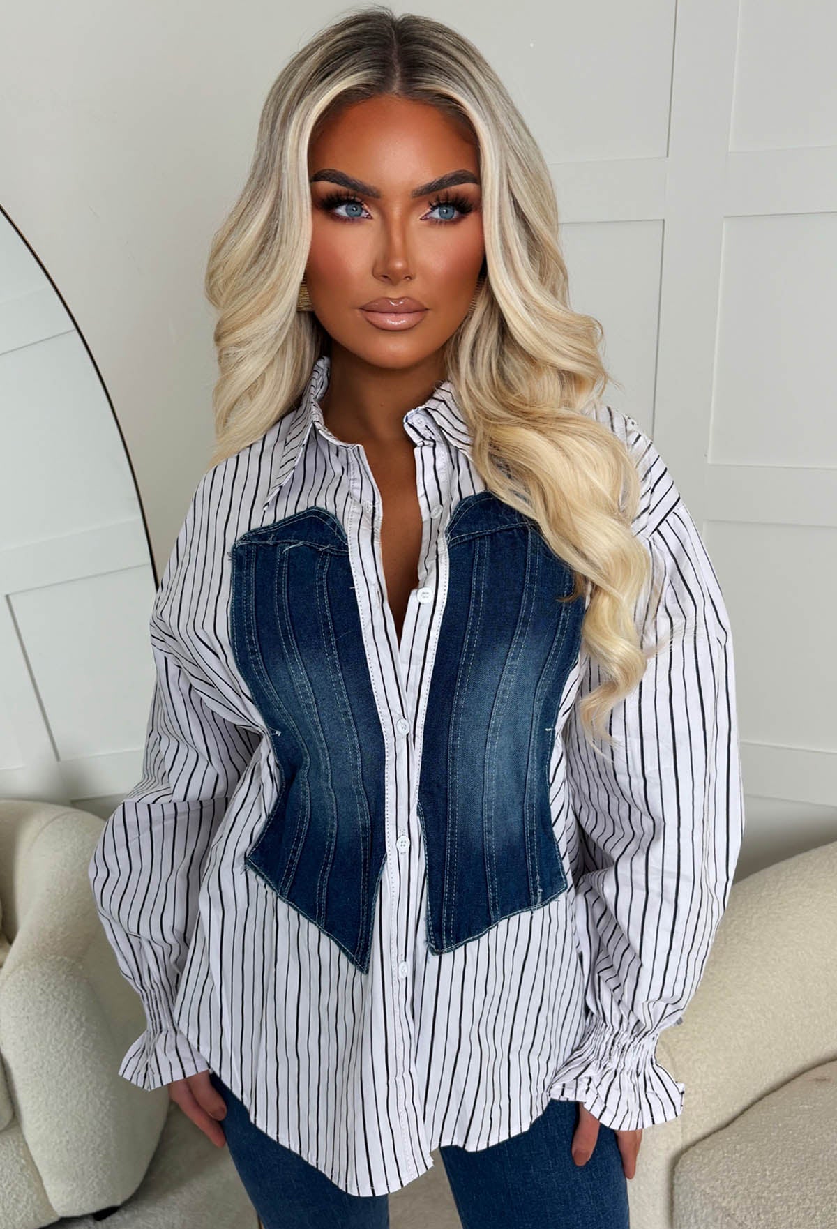 Feel My Love Blue Denim Bodice Striped Shirt | Pink Boutique