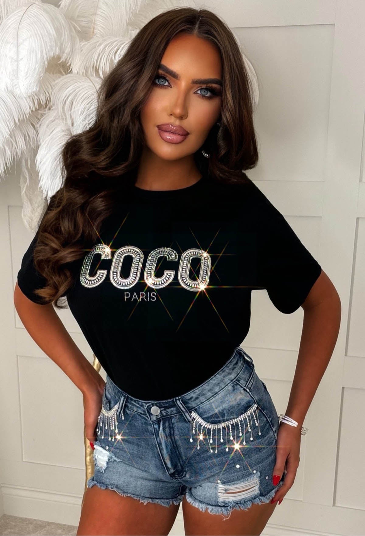 Gabrielle Glam Black Embellished Coco Paris T-shirt | Pink Boutique