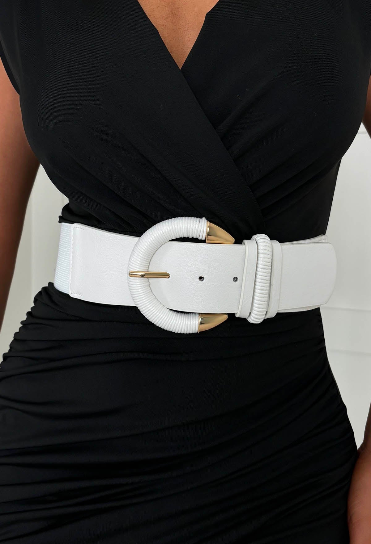 Glamorous Life White Gold Buckle Elasticated Belt | Pink Boutique