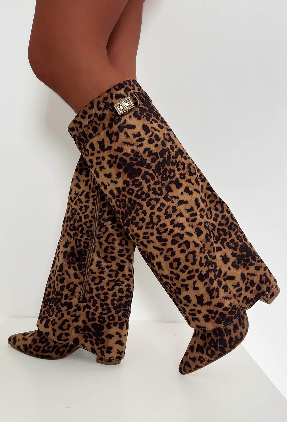 It's A Secret Tan Leopard Fold Over Knee High Lock Shark Boots | Pink ...