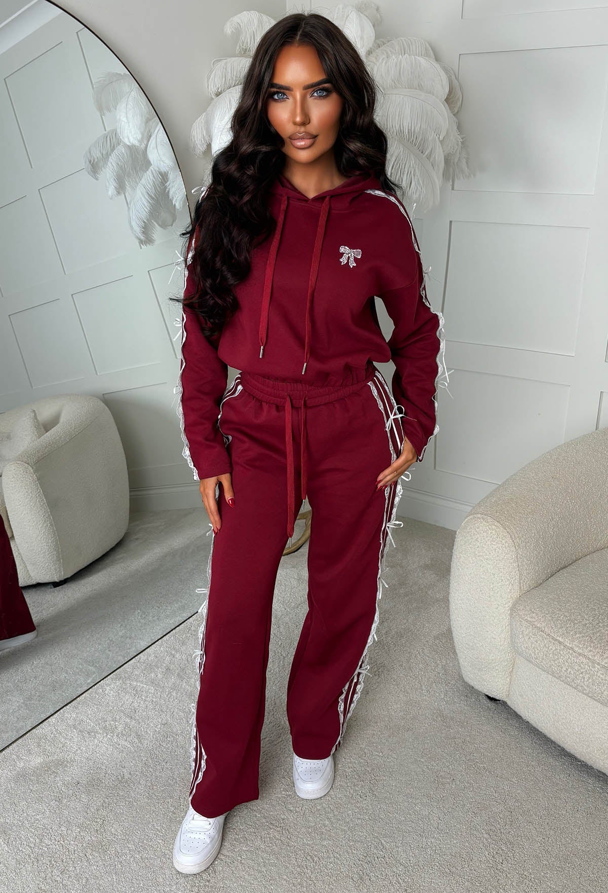 Love Me Knot Burgundy Lace Bow Lounge Co-ord Set | Pink Boutique