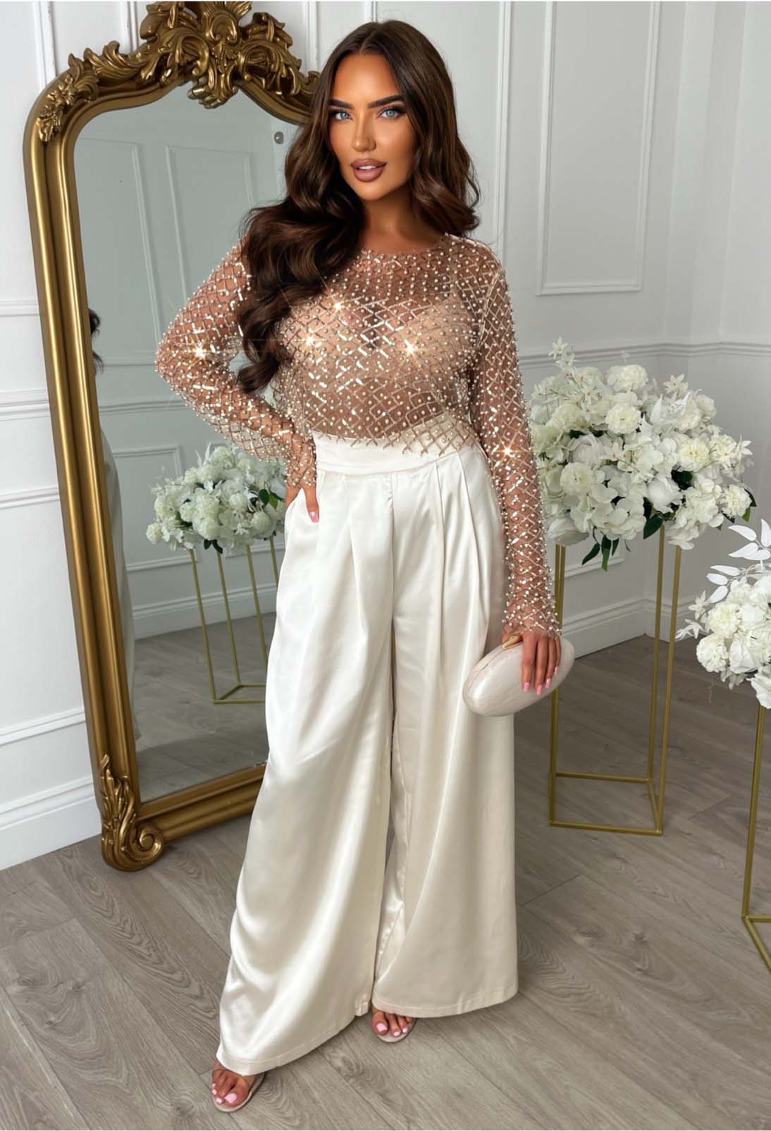 Luxe & Loud Champagne Stretch Satin Straight Leg Trousers | Pink Boutique