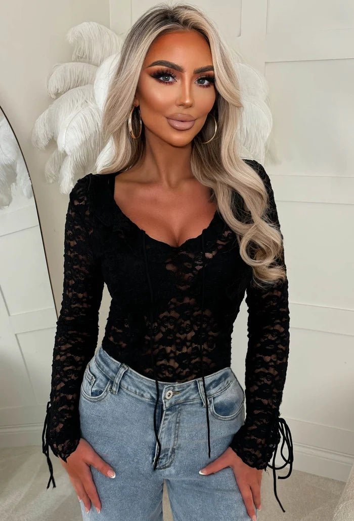 Moonlight Muse Black Lace Frill Long Sleeve Top | Pink Boutique