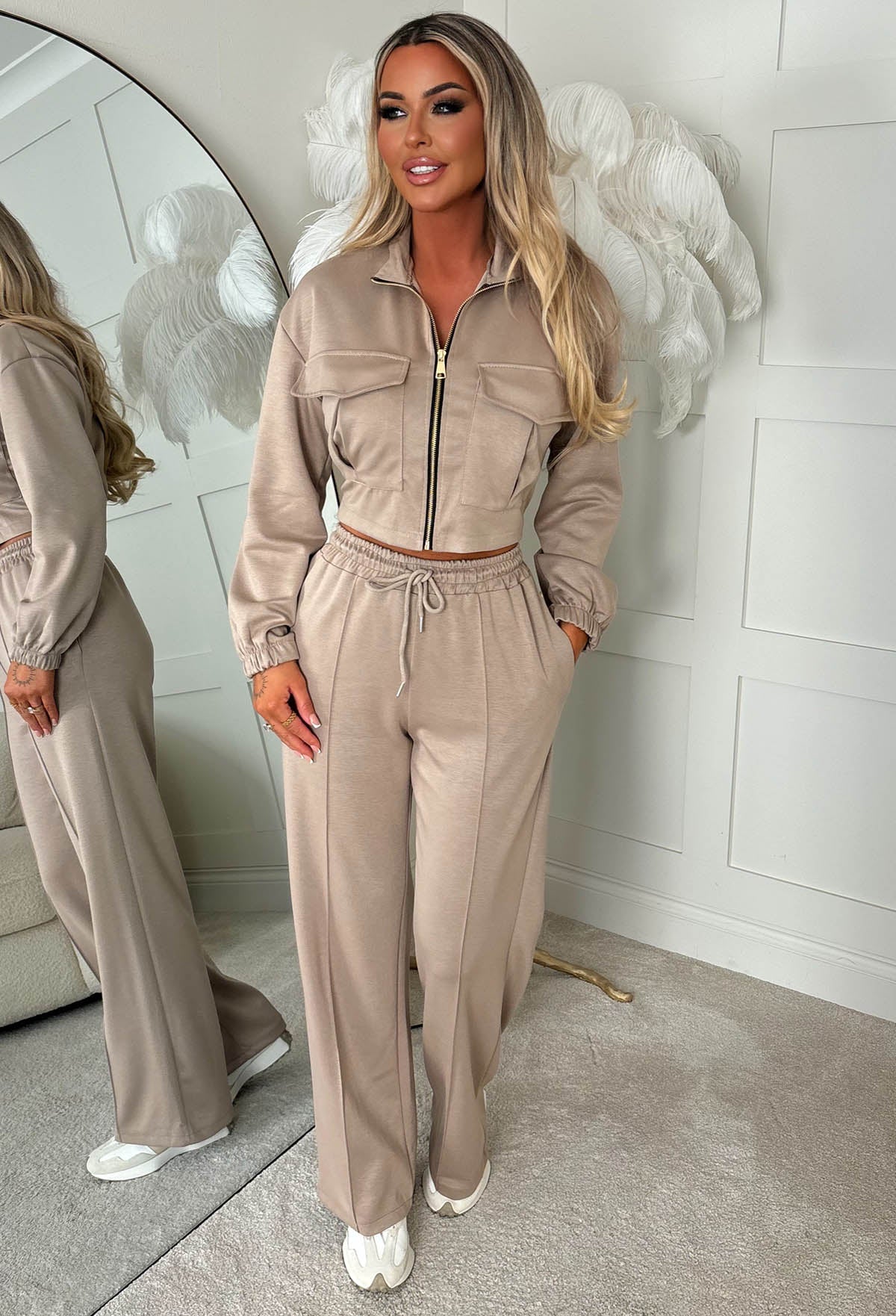 Rest Mode Taupe Zip Up Pocket Lounge Co-Ord Set | Pink Boutique