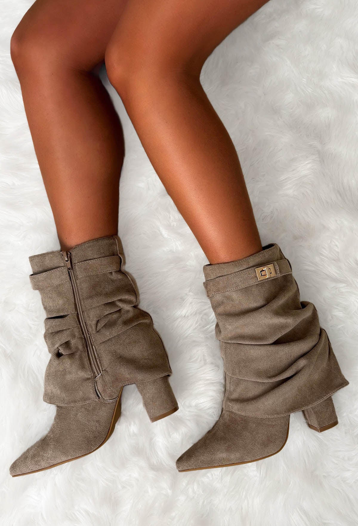 Ruffle Me Up Taupe Ruched Faux Suede Shark Boots | Pink Boutique