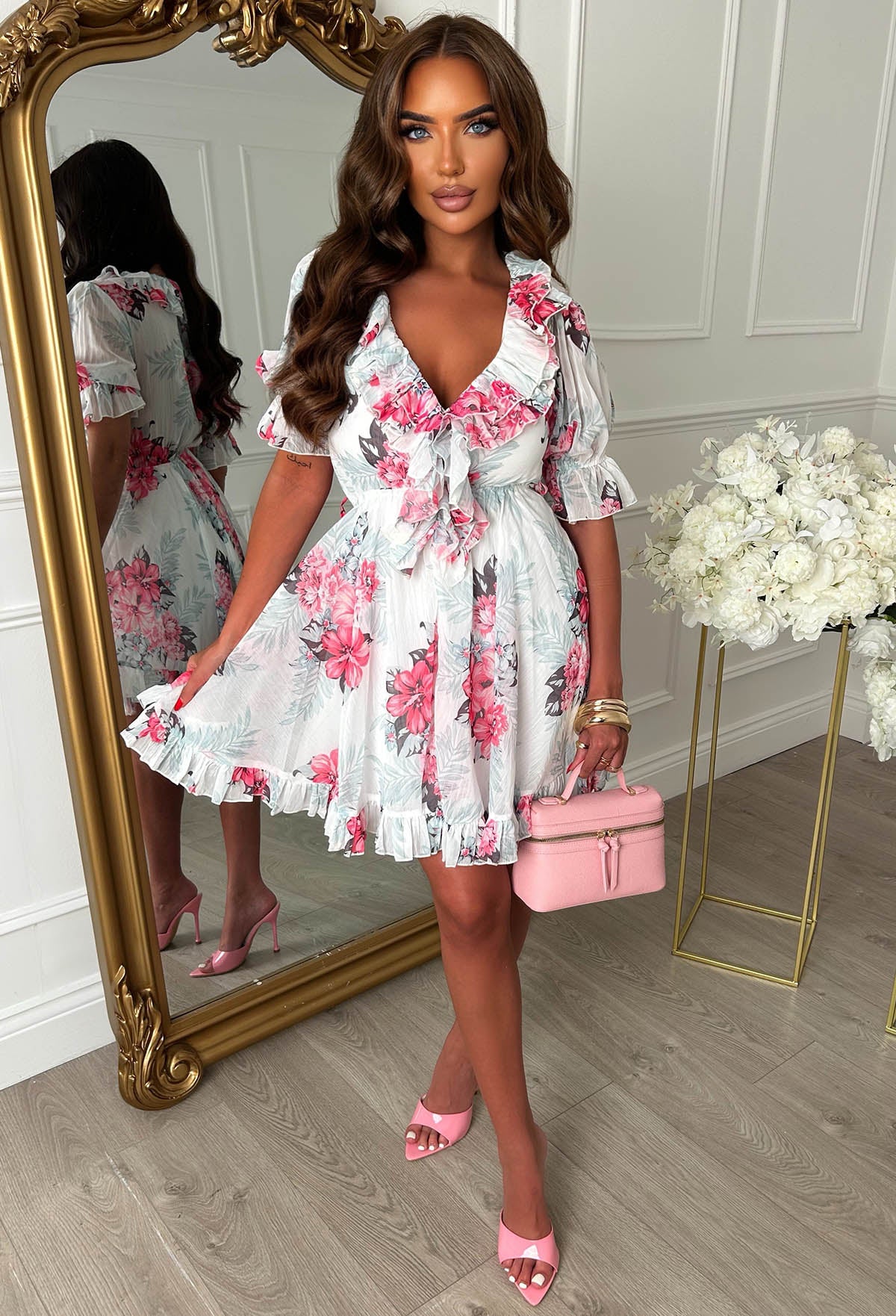 Sheer Delight Pink Frill Front Floral Print Dress | Pink Boutique