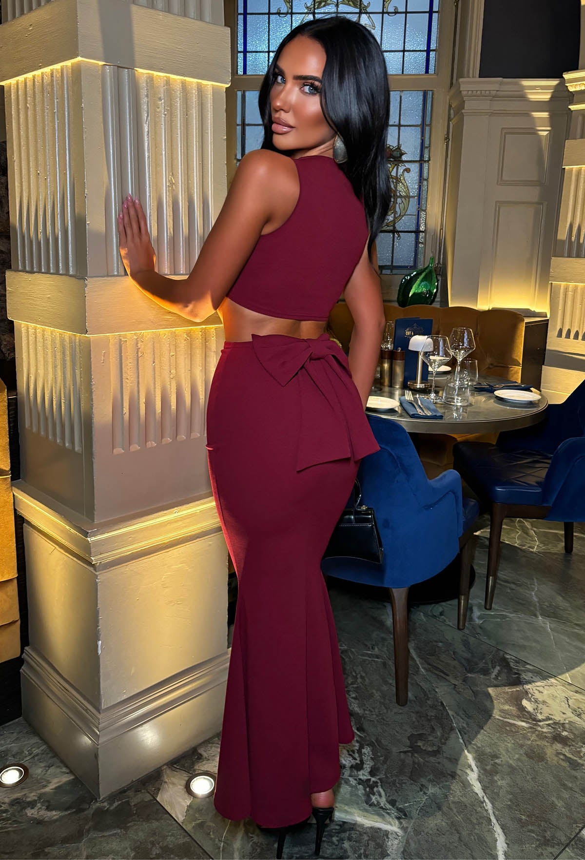Siren Sister Burgundy Bow Back Maxi Skirt Co-Ord Set | Pink Boutique