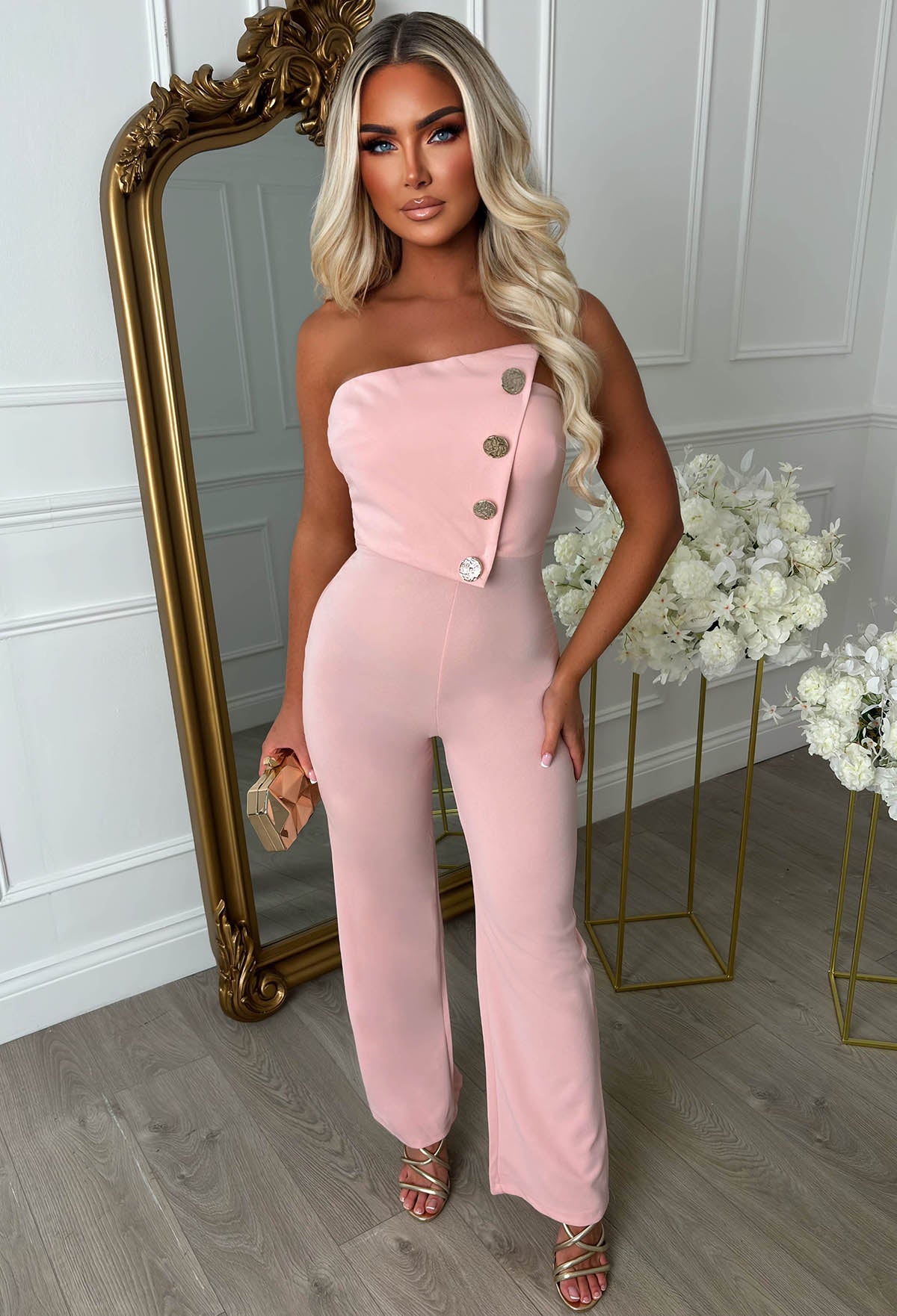 Slay Bae Pink Button Bandeau Jumpsuit | Pink Boutique