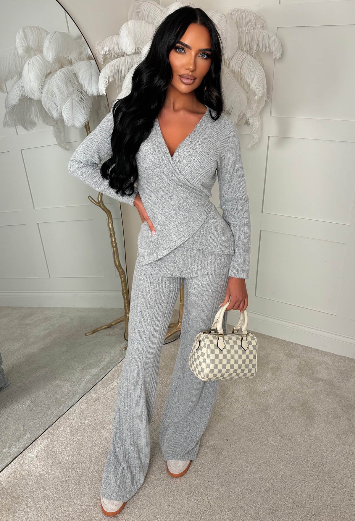 Snug Bug Grey Ribbed Wrap Loungewear Trousers | Pink Boutique