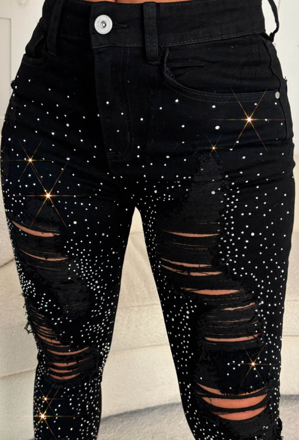 Sparkle Days Black Sparkle Ripped Stretch Jeans | Pink Boutique – Pink ...