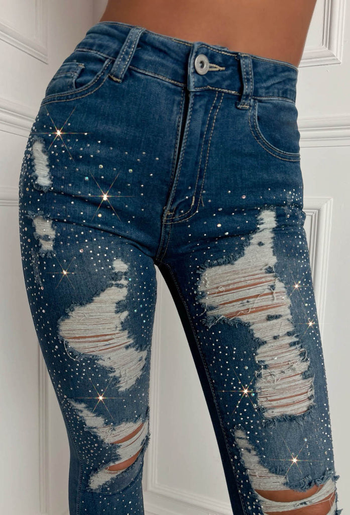 Sparkle Days Dark Blue Sparkle Ripped Stretch Jeans | Pink Boutique ...