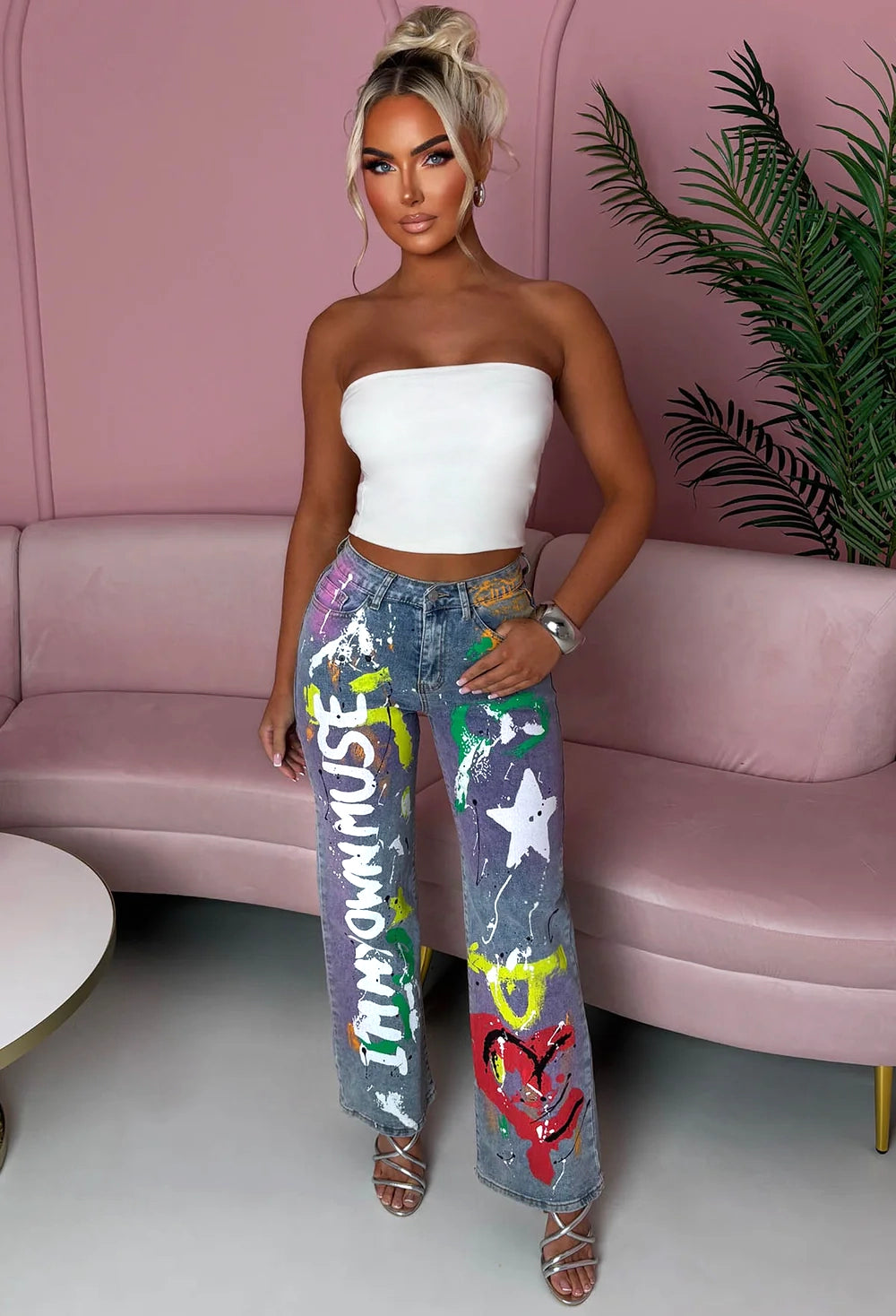 The Muse Mid Wash Stretch Graffiti Wide Leg Jeans | Pink Botuique