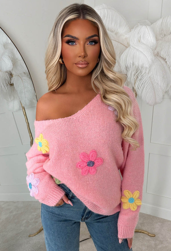 Too Sweet Baby Pink Off The Shoulder Flower Jumper | Pink Boutique ...