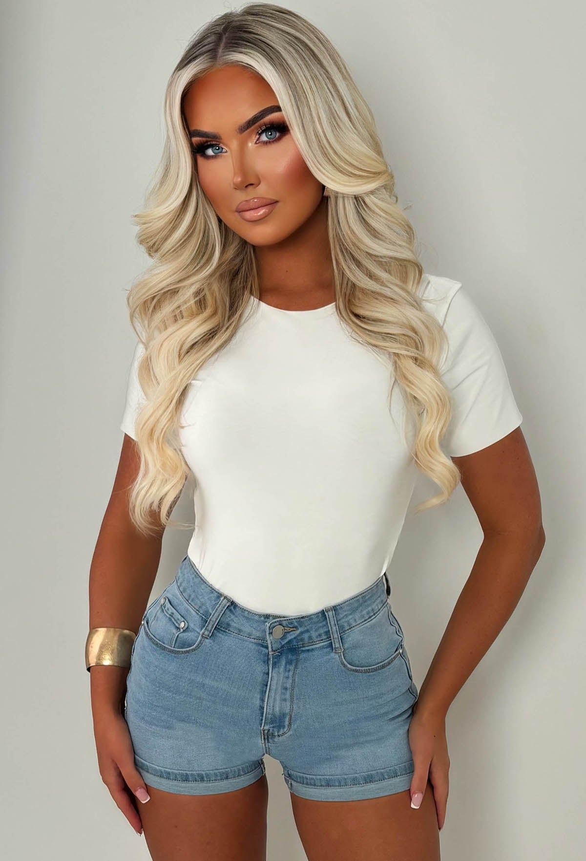 Turning Up Mid Wash Stretch Turn Up Bum Shaping Denim Shorts | Pink ...