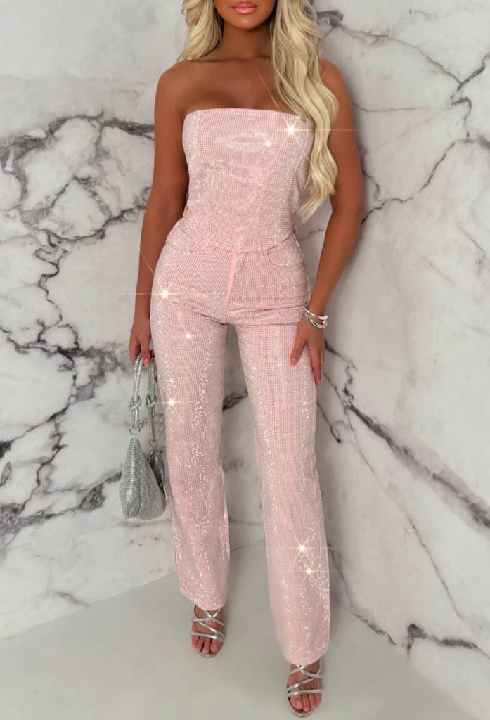 Ultimate Sparkle Pink Straight Leg Stretch Diamante Jeans | Pink ...