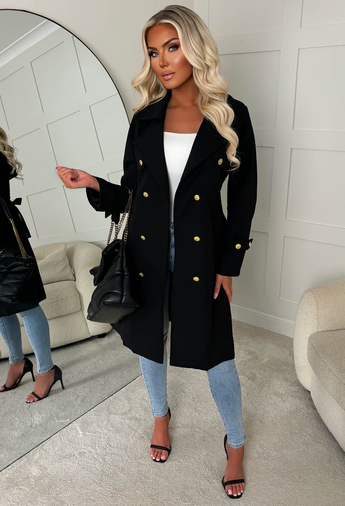 Undercover Chic Black Gold Button Trench Coat | Pink Boutique