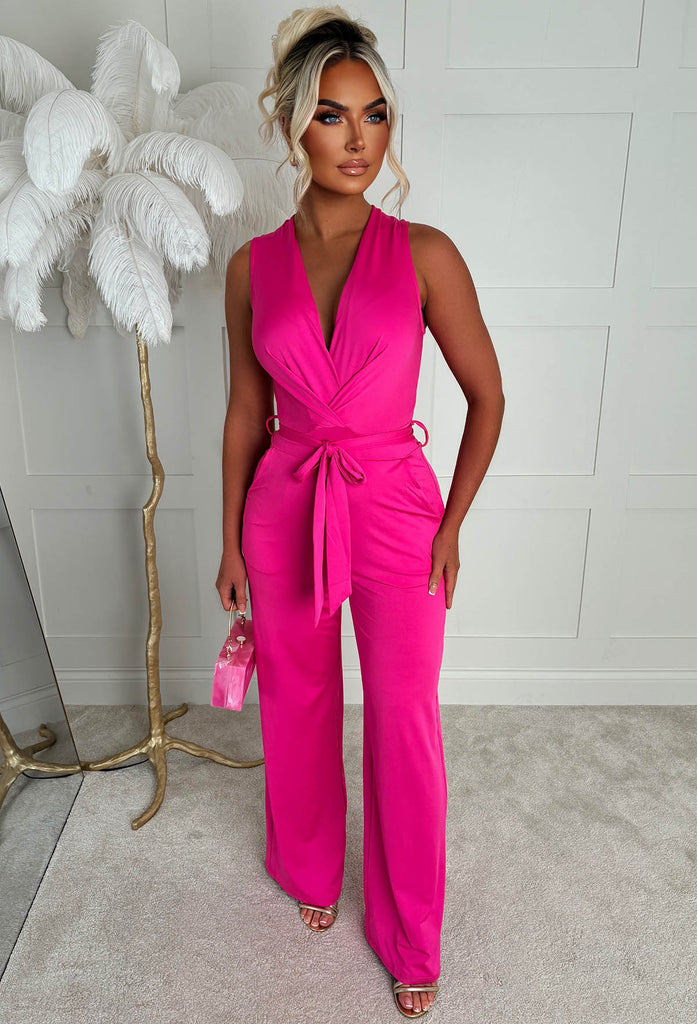 Vacay Tease Fuchsia Cross Front Belted Jumpsuit | Pink Boutique – Pink ...